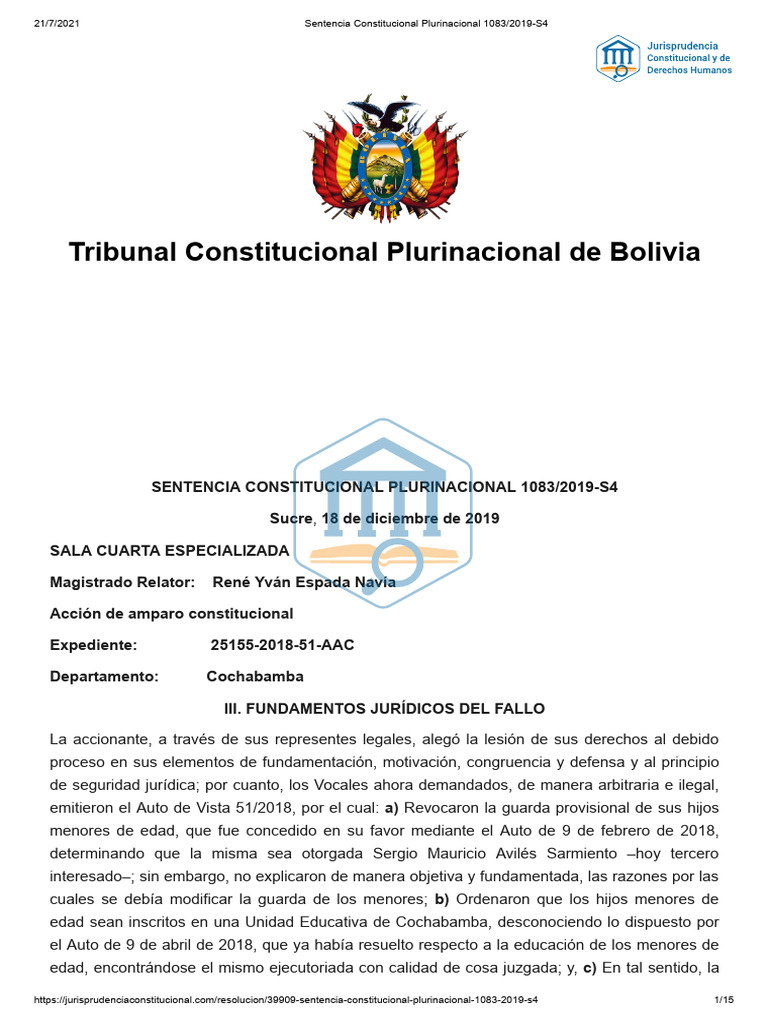 Sentencia SCP 1083/2019-S4 Bolivia | PDF | Debido al proceso | Ley procesal
