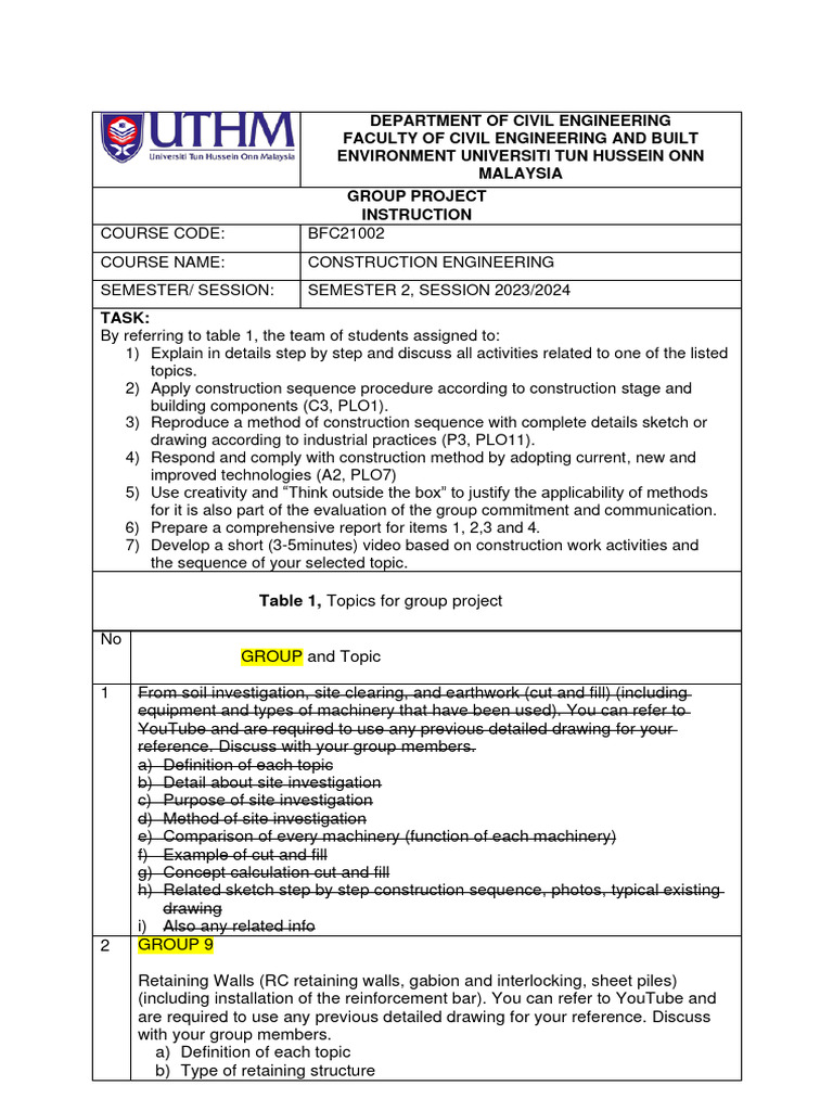 Group Project Instruction BFC21002 Sem 2 20232024 | PDF | Deep Foundation | Engineering
