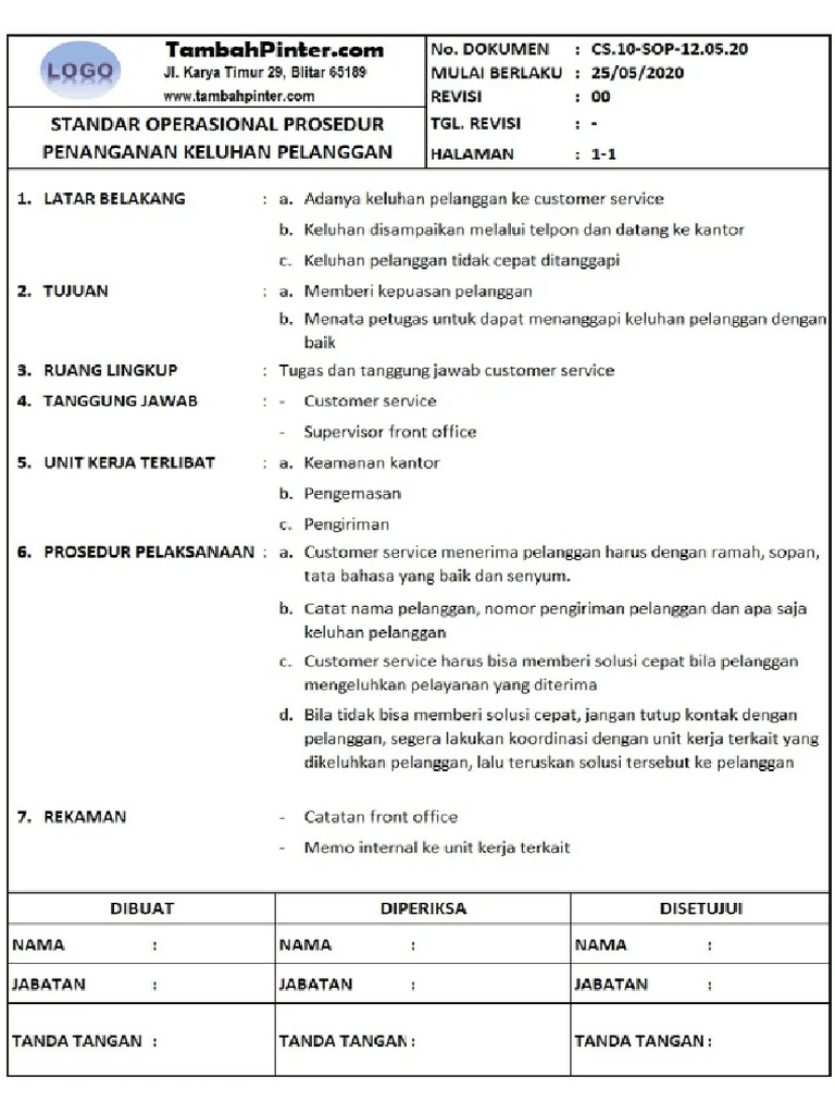 Contoh SOP Perusahaan Penanganan Keluhan Pelanggan | PDF