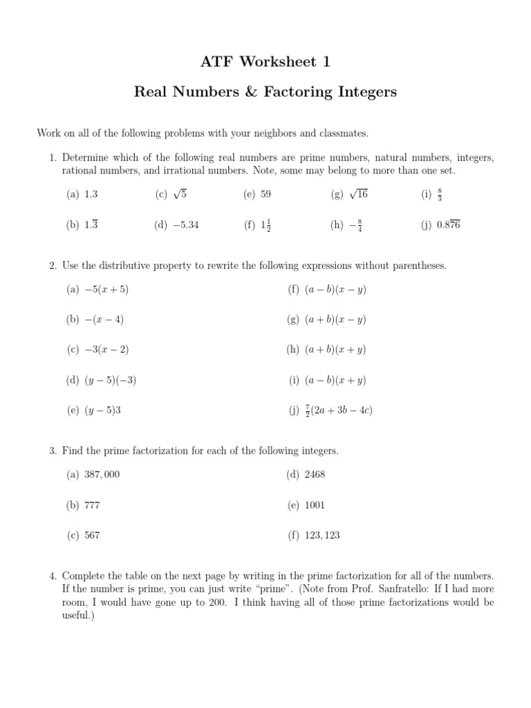 Real Numbers and Factoring Worksheet | PDF | Factorization | Real Number