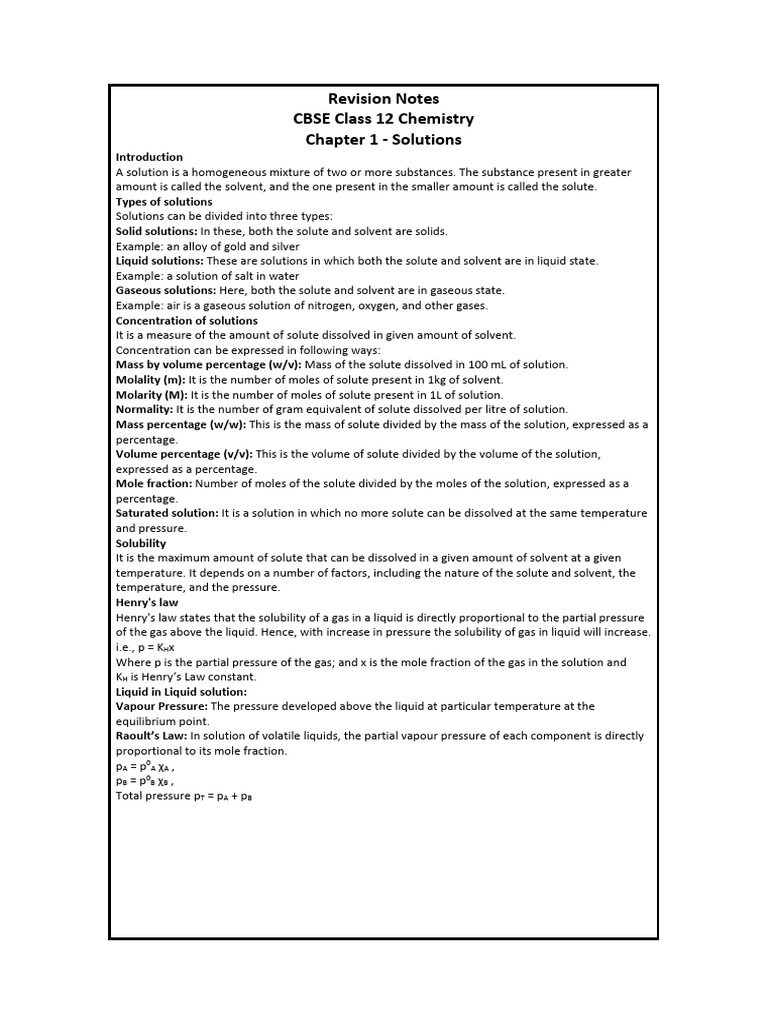 Revision Notes For Cbse Class 12 Chemistry Chapter 1 Solutions | PDF ...