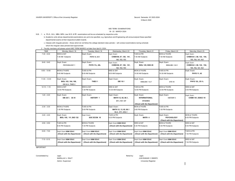MID TERM Exam Schedules 2nd Sem 2023 24 Compilation 1.20.24.xlsx MID TERM - 2 | PDF | Vocational ...