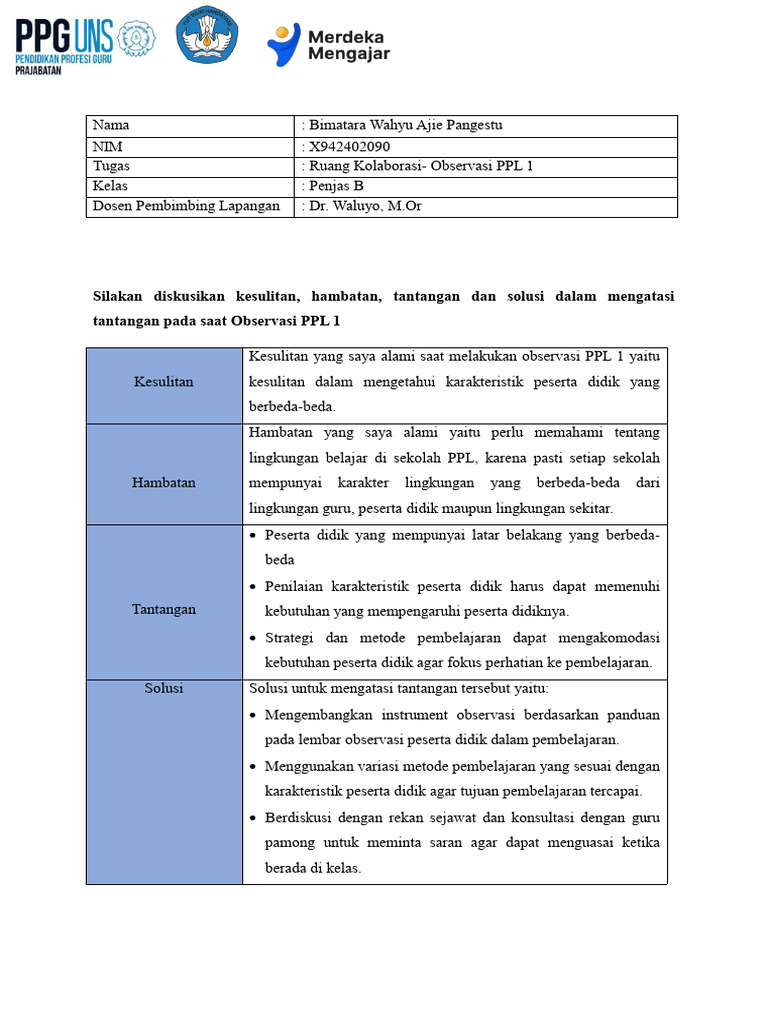Tantangan dan Solusi Observasi PPL 1 | PDF