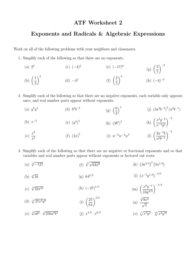 Worksheet 2 - Exponents and Radicals, Algebraic Expressions | PDF ...