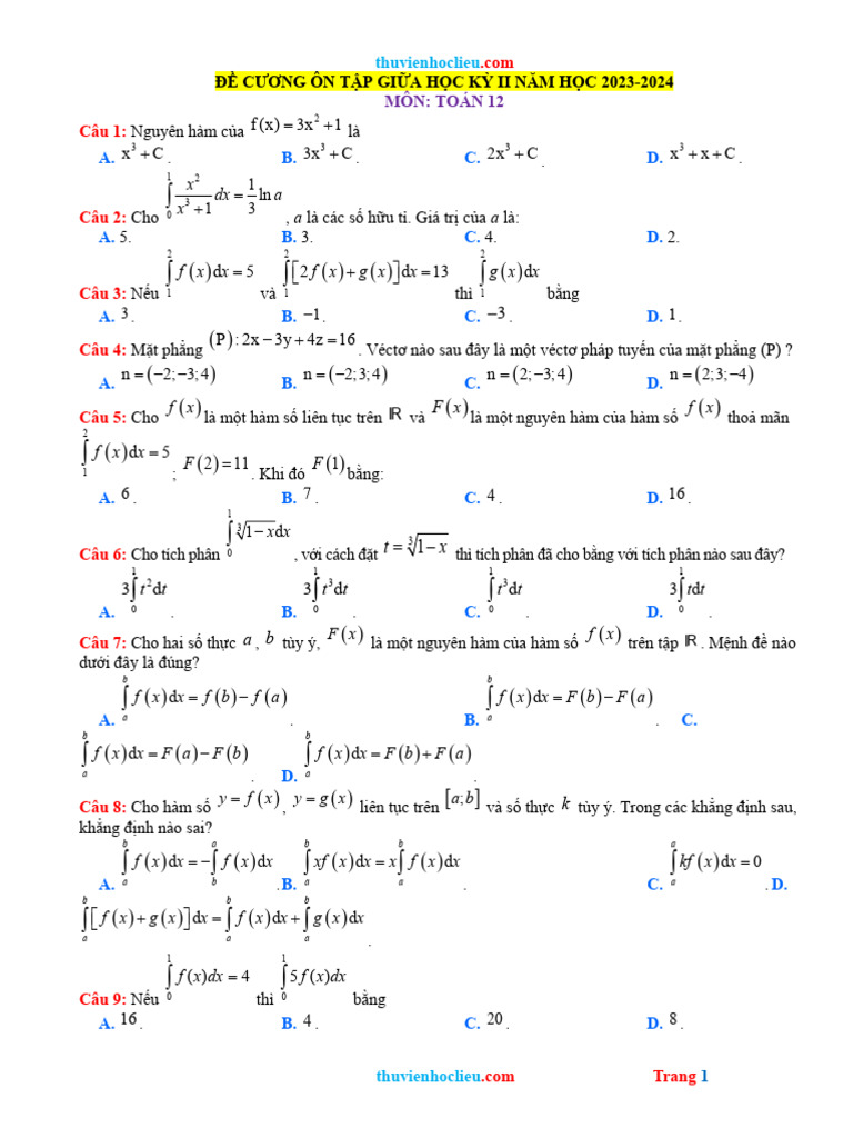 De Cuong On Tap Giua HK2 Toan 12 Nam 23 24 Tham Khao | PDF