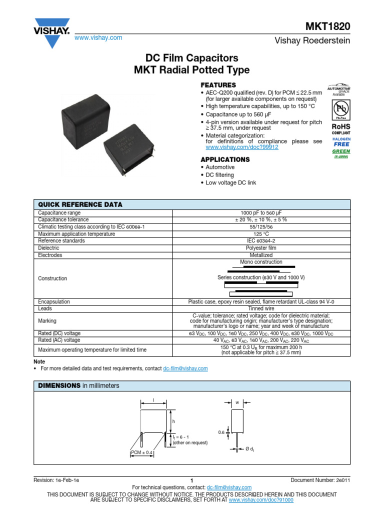 Vishay Roederstein: Features | PDF | Capacitor | Electronics