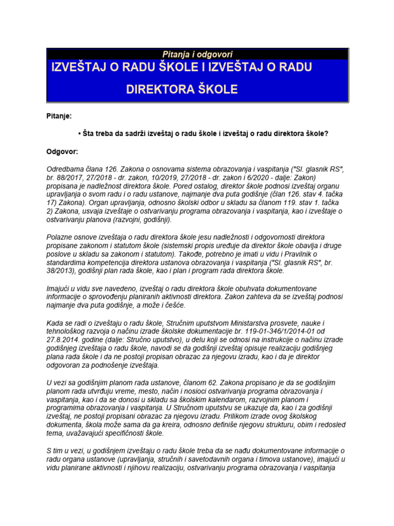 Sta Treba Da Sadrzi Izvestaj o Radu Skole I Izvestaj o Radu Direktora | PDF
