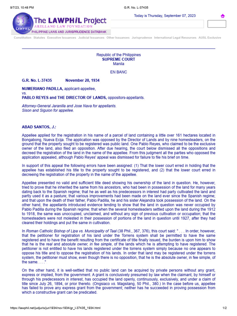 Padilla v. Reyes GR No. 37435 Nov. 281934 | PDF | Appeal | Common Law