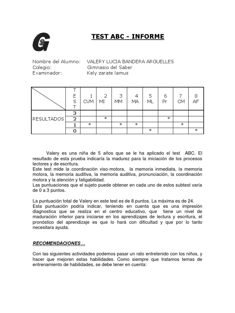 Informe del Test ABC para Niños | PDF | Memoria | Lectura (proceso)