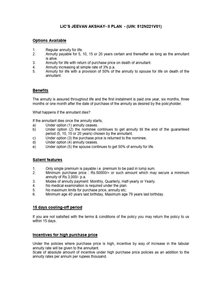 Jeevan Akshay II - 512N221V01 | PDF | Life Annuity | Insurance