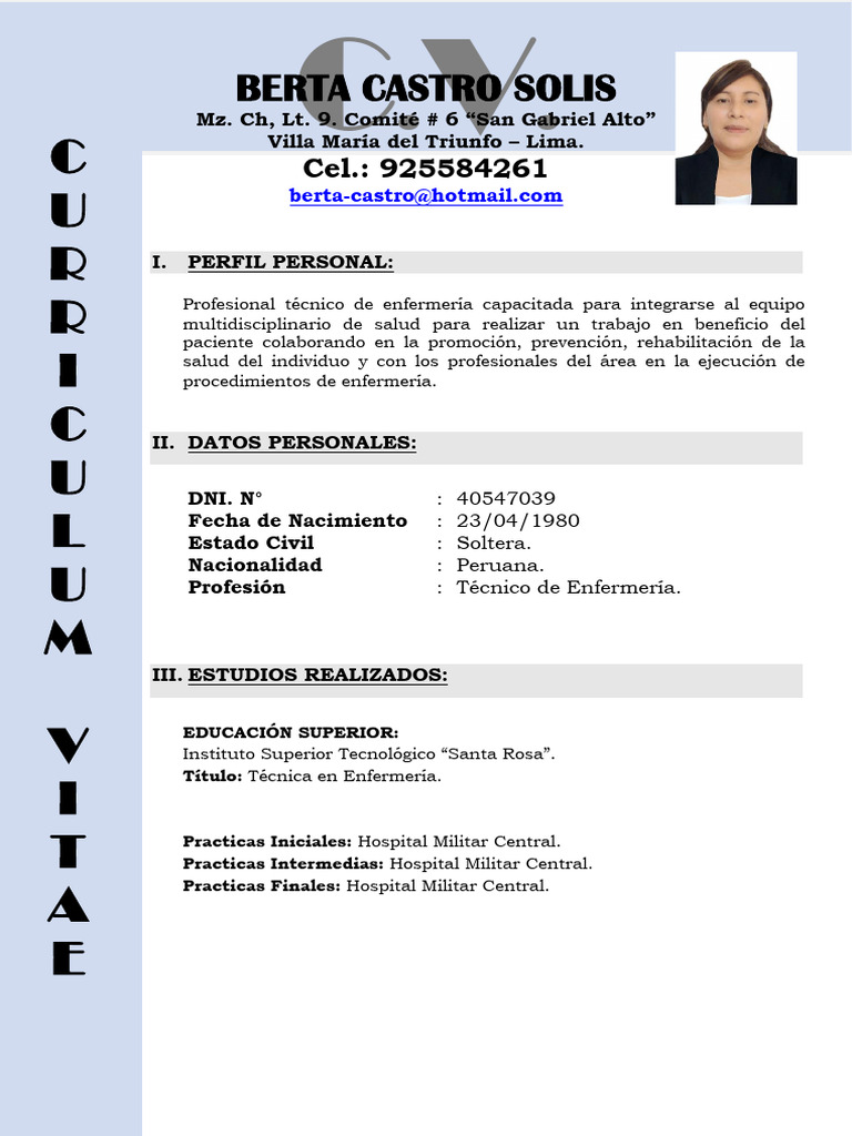 CV Castro Solis Berta Octubre . | PDF | Hospital | Enfermería