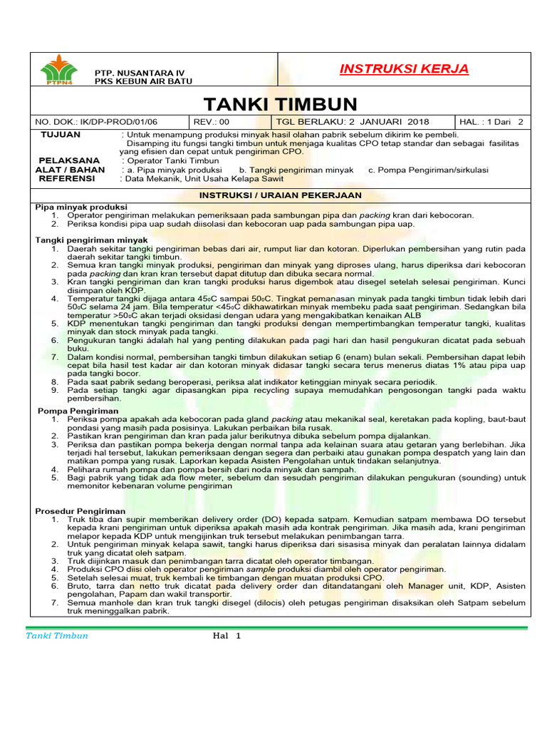 Prosedur Operasional Tangki Timbun CPO | PDF