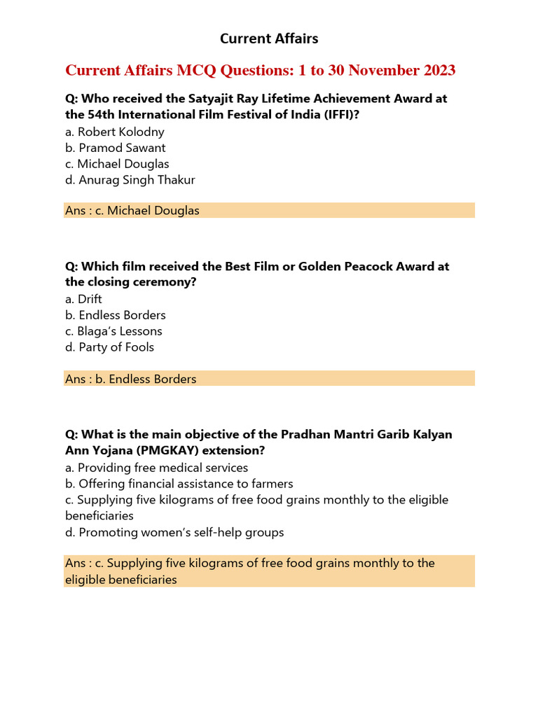 November 2023 Month Current Affairs MCQs | PDF