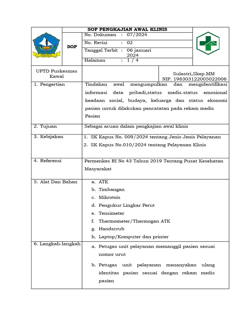 Sop Pengkajian Awal Klinis 2024 | PDF | Kesehatan Holistik