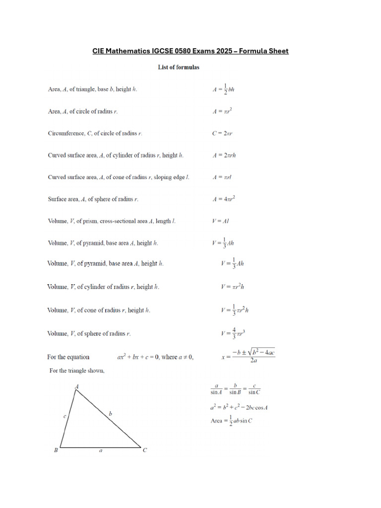 CIE Mathematics IGCSE 0580 Exams 2025 List of Formulas | PDF