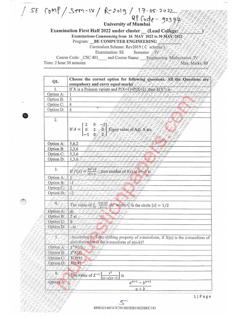 Be Computer Engineering Semester 4 2022 May Engineering Mathematicsivrev 2019 C Scheme | PDF