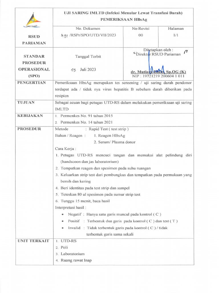 SPO Saring IMLTD (Infeksi Menular Lewat Transfusi Darah) Pemeriksaan ...