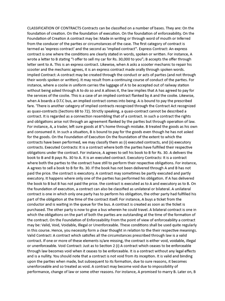 Classification Of Contracts Download Free Pdf Void Law Common Law