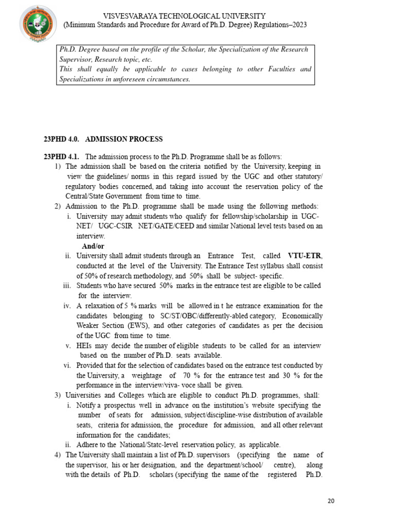 VTU Regulations PHD 2023 20 | Download Free PDF | Doctor Of Philosophy