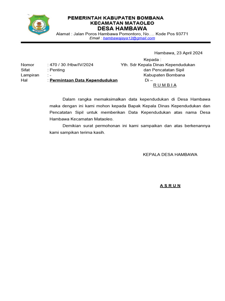 SURAT-PERMOHONAN-DATA-PENDUDUK | PDF