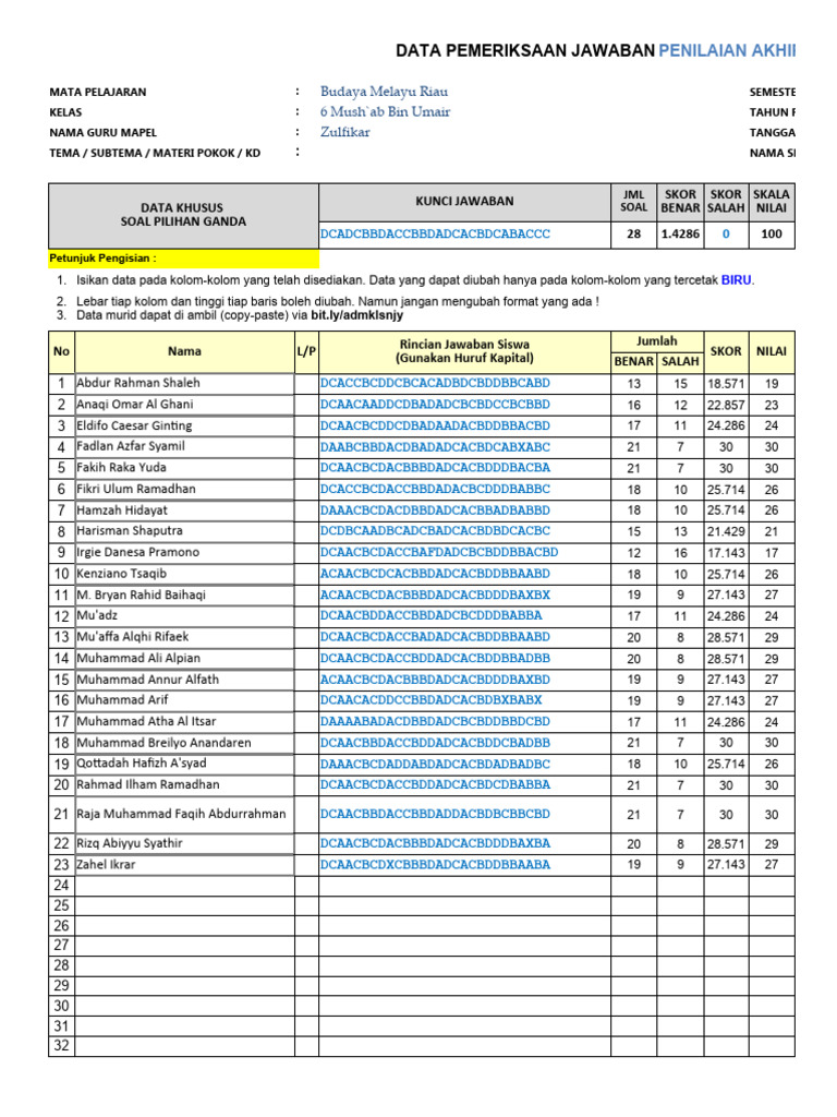 Format Analisis Nilai NJY BMR PAS | PDF