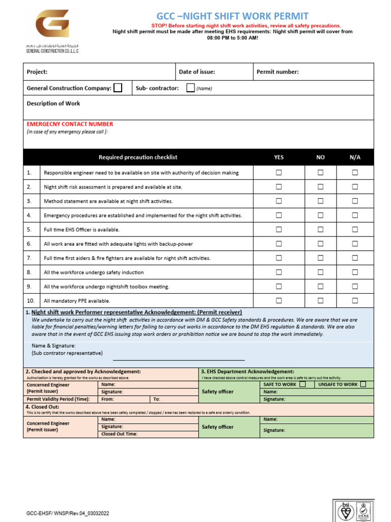 Night Shift Work Permit | PDF | Safety