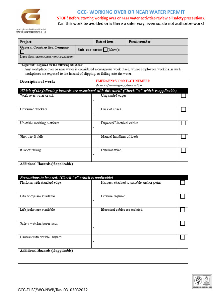 Water Work Safety Permit Guidelines | PDF | Working Conditions | Labor ...