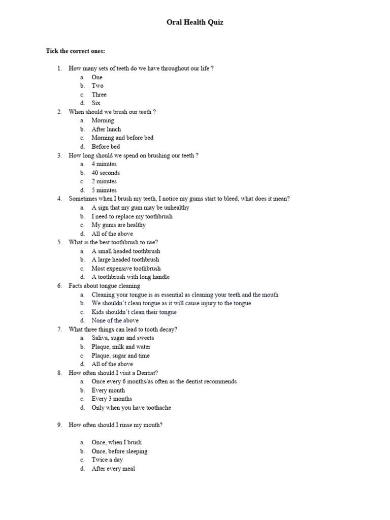 Oral Health Quiz | PDF | Toothbrush | Oral Hygiene