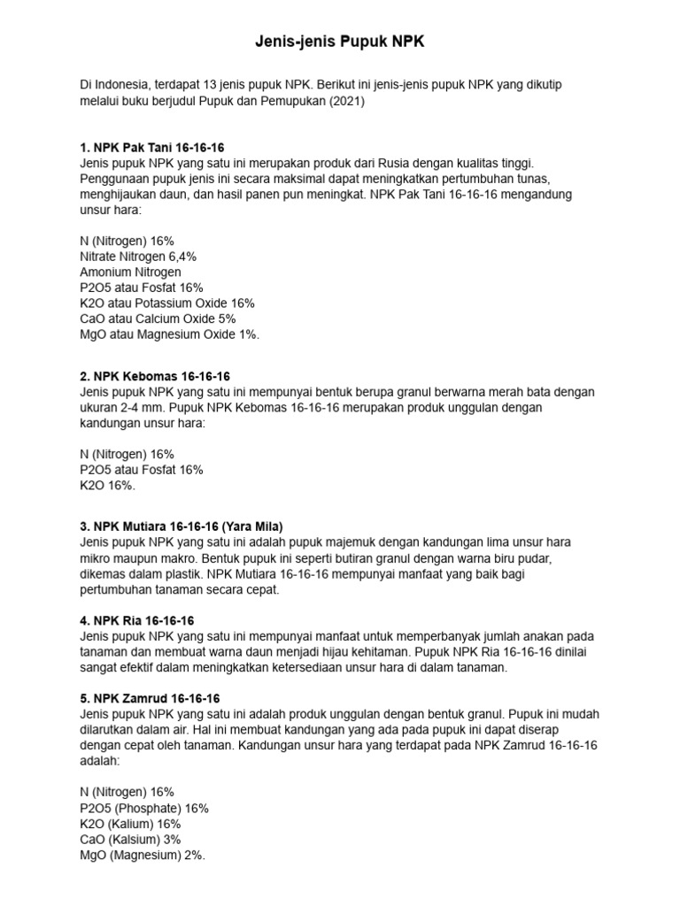 Jenis Jenis Pupuk Npk Pdf