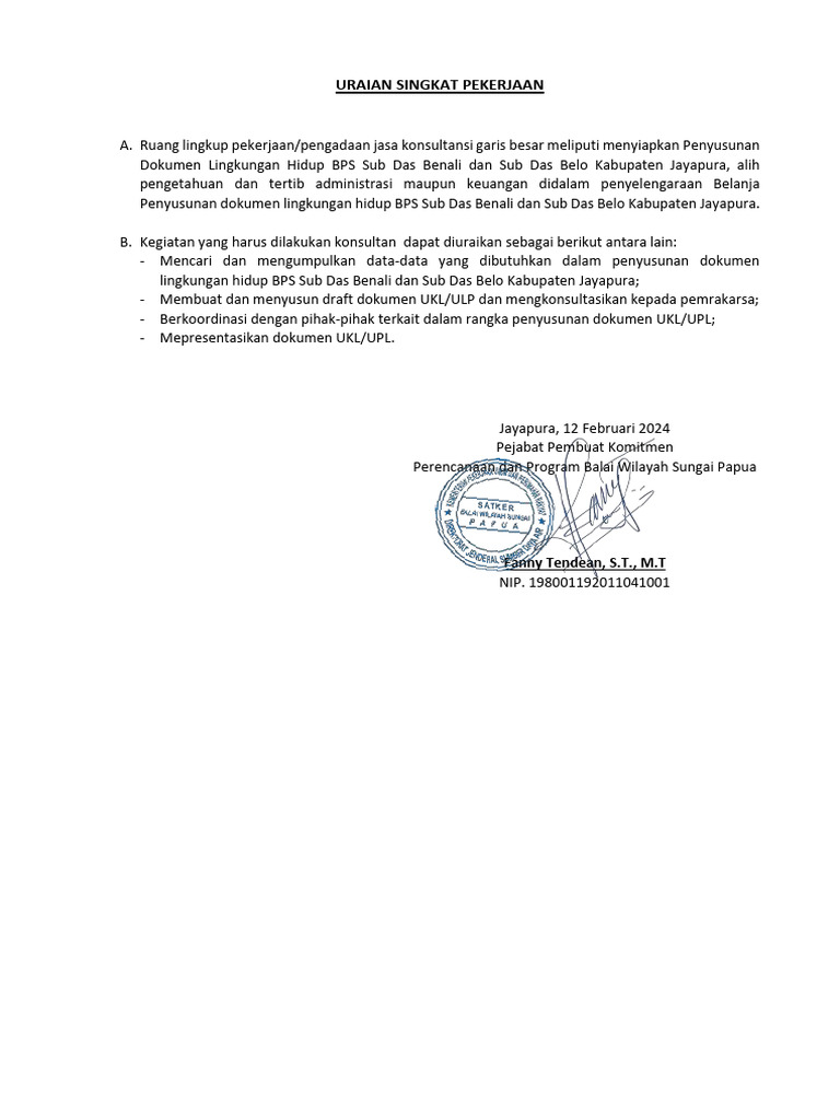 URAIAN SINGKAT PEKERJAAN Dokling BPS Sub Das Benali Dan Belo 2024 | PDF