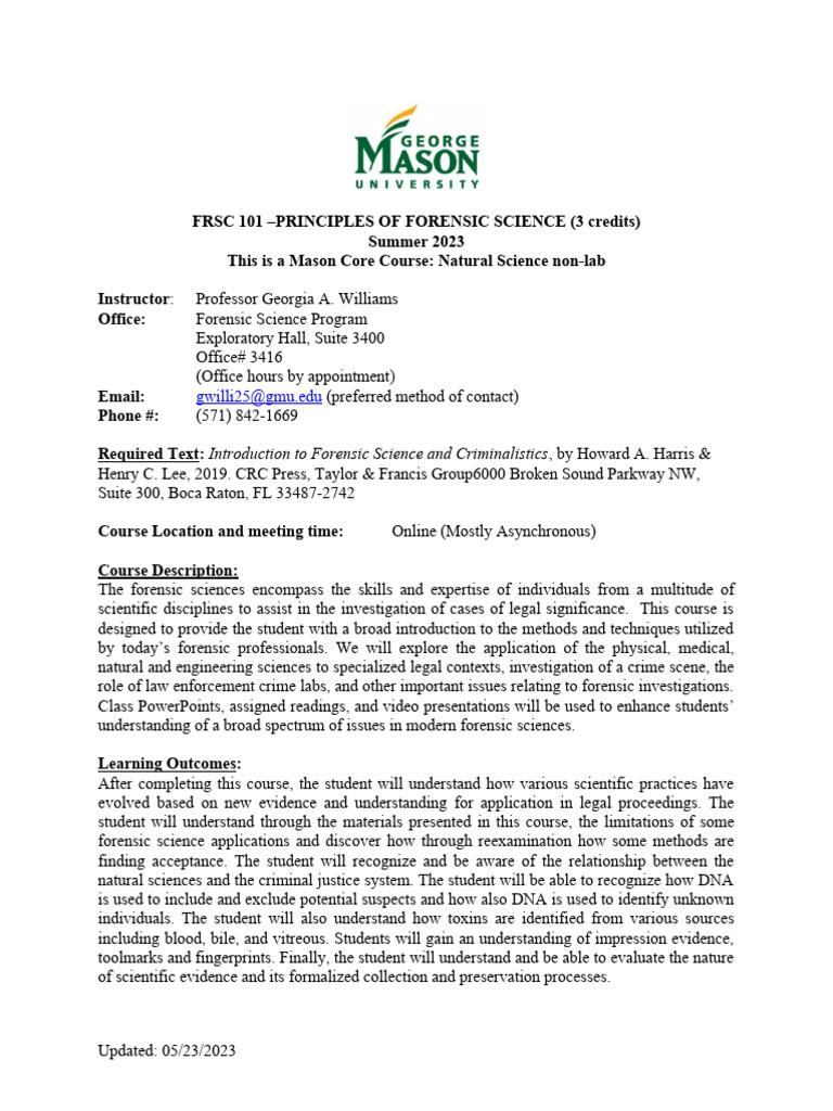 FRSC 101 Syllabus SU 23 - G. Williams 05-23-23 | PDF | Forensic Science ...