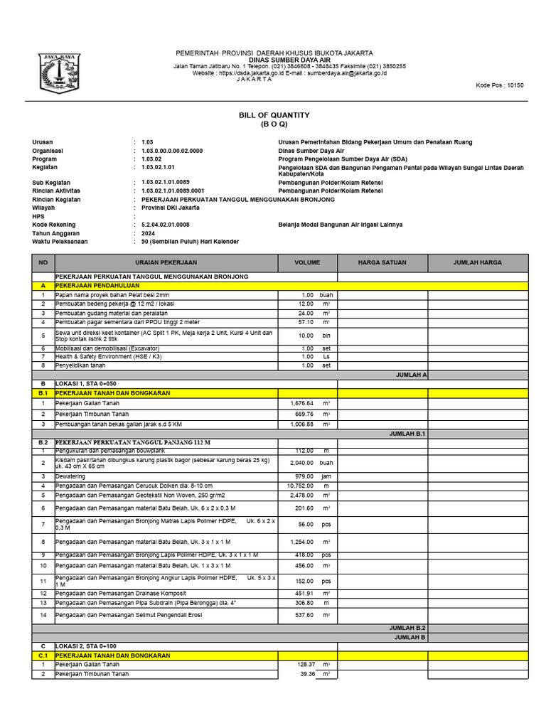 Rincian Pekerjaan Bronjong Matras | PDF
