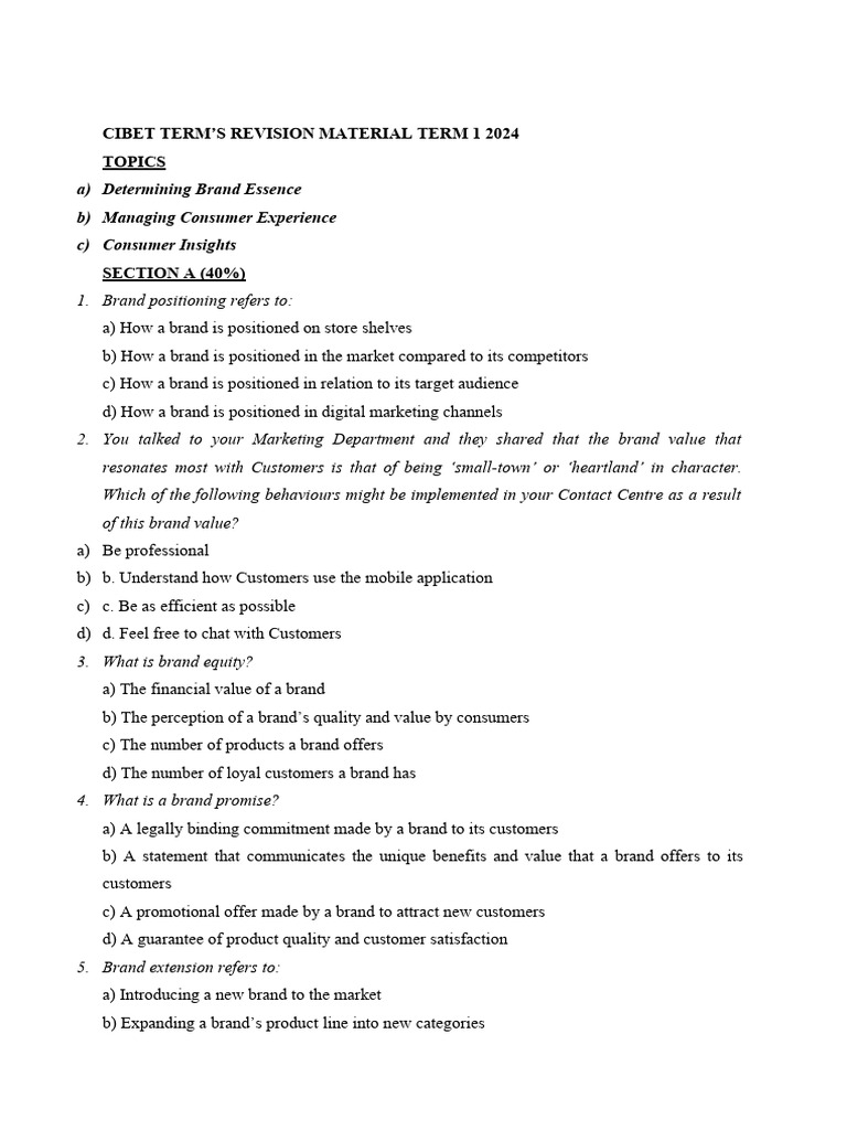 Cibet Revision Material Term 1 2024 | PDF | Brand | Customer Experience
