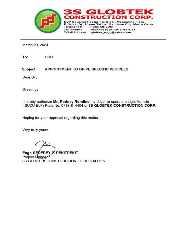 Vehicle Operation Authorization Letter | PDF | Technology & Engineering