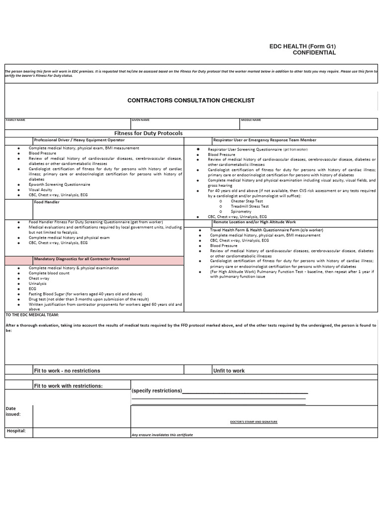 CONTRACTOR CONSULTATION CHECKLIST FORM G1 | PDF | Physical Examination ...