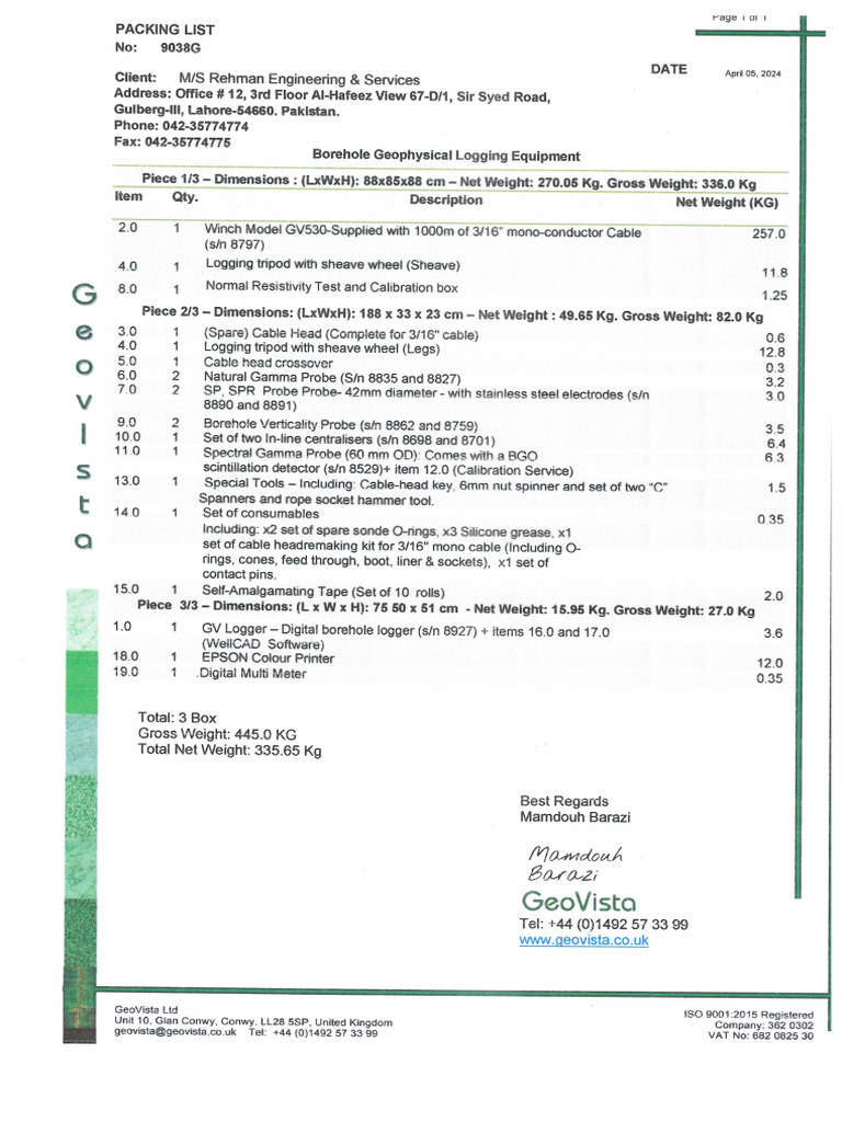 Packing List For Geovista Logger | PDF