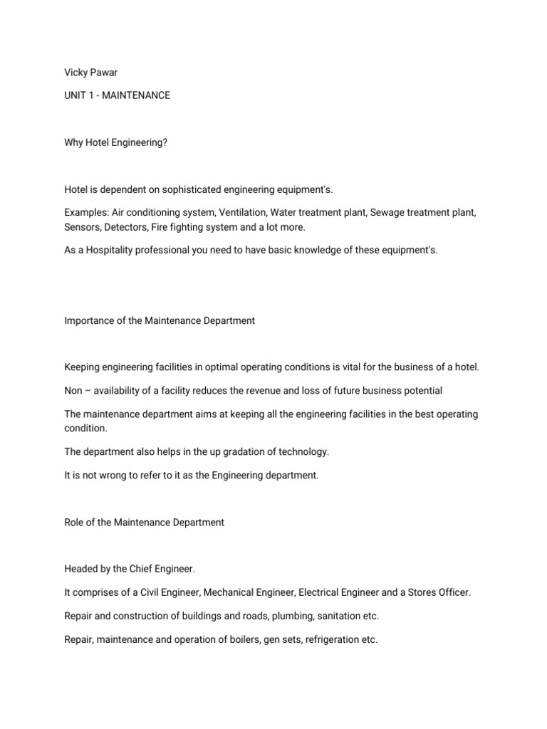 Importance of Hotel Engineering Maintenance | PDF