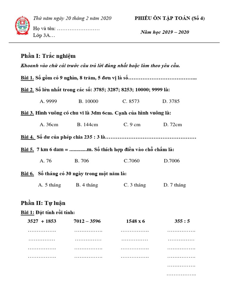 Phieu Toan Thu Nam Ngay 20 - 2 - Chuan 005 | PDF