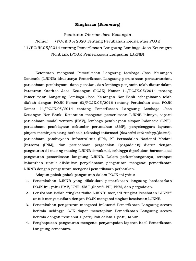 POJK 2020: Aturan Pemeriksaan LJKNB | PDF | Pengelolaan Keuangan & Uang