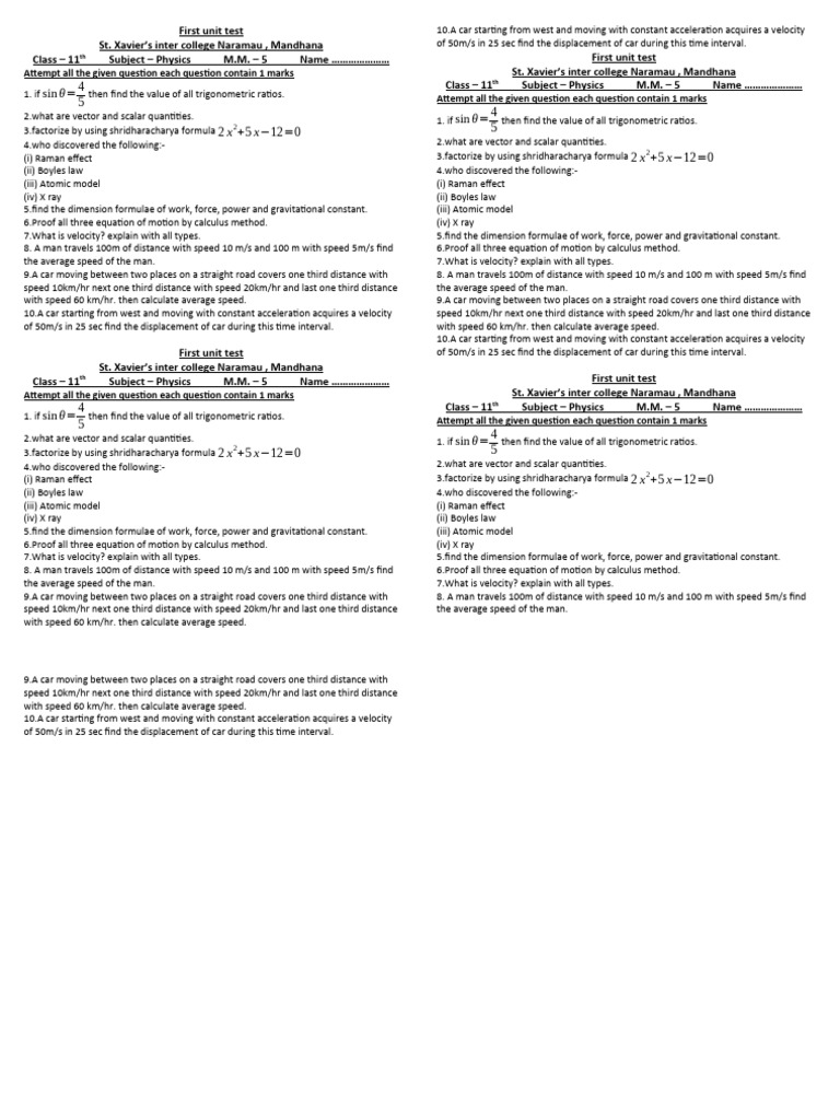 Class 11 Physics First Unit Test Paper | PDF | Speed | Velocity