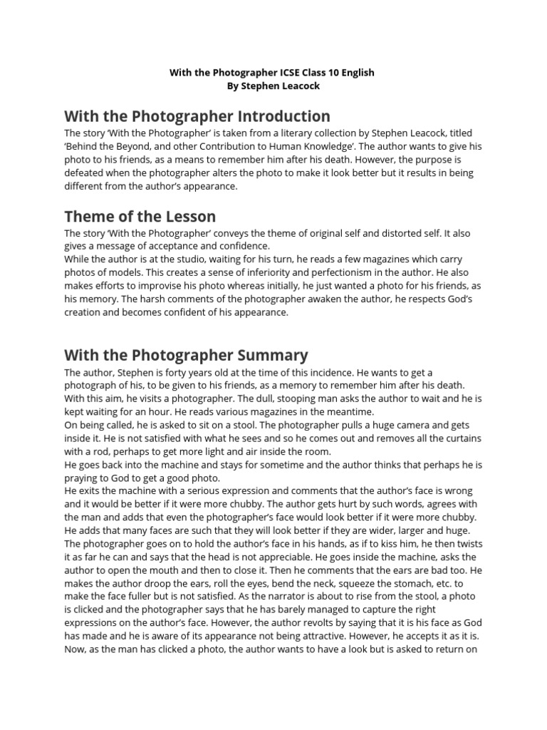 With The Photographer ICSE Class 10 English | PDF | Eyebrow | Narration