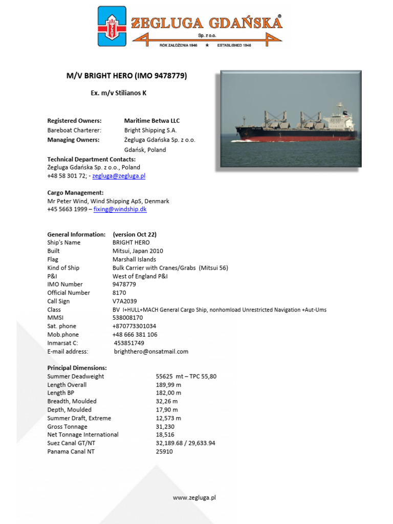 Bright Hero Bulk Carrier Specifications | PDF | Indemnity | Tonnage