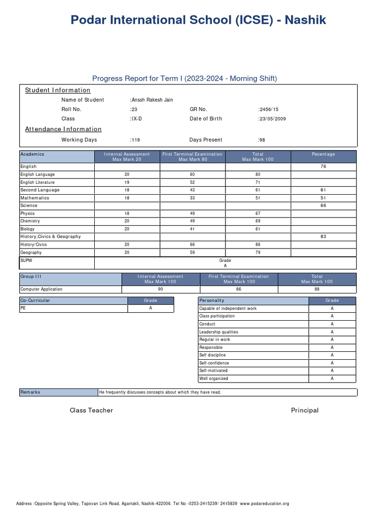 Podar International School (ICSE) - Nashik: Progress Report For Term I ...