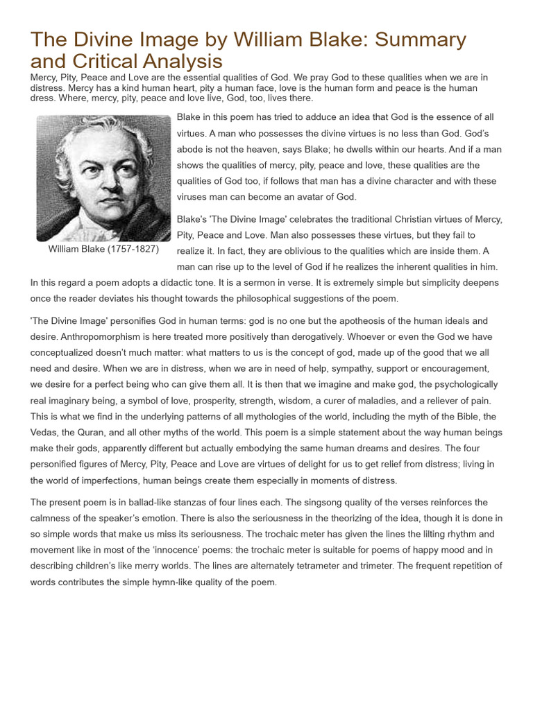 The Divine Image by William Blake - Summary and Critical Analysis | PDF ...