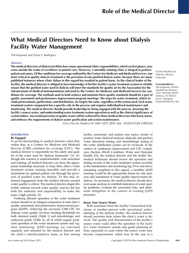 What Medical Directors Need To Know About Dialysis Facility Water ...