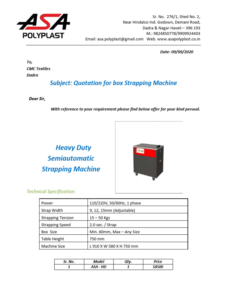 CMC Textiles Strapping Machine Quotation | PDF | Technology & Engineering