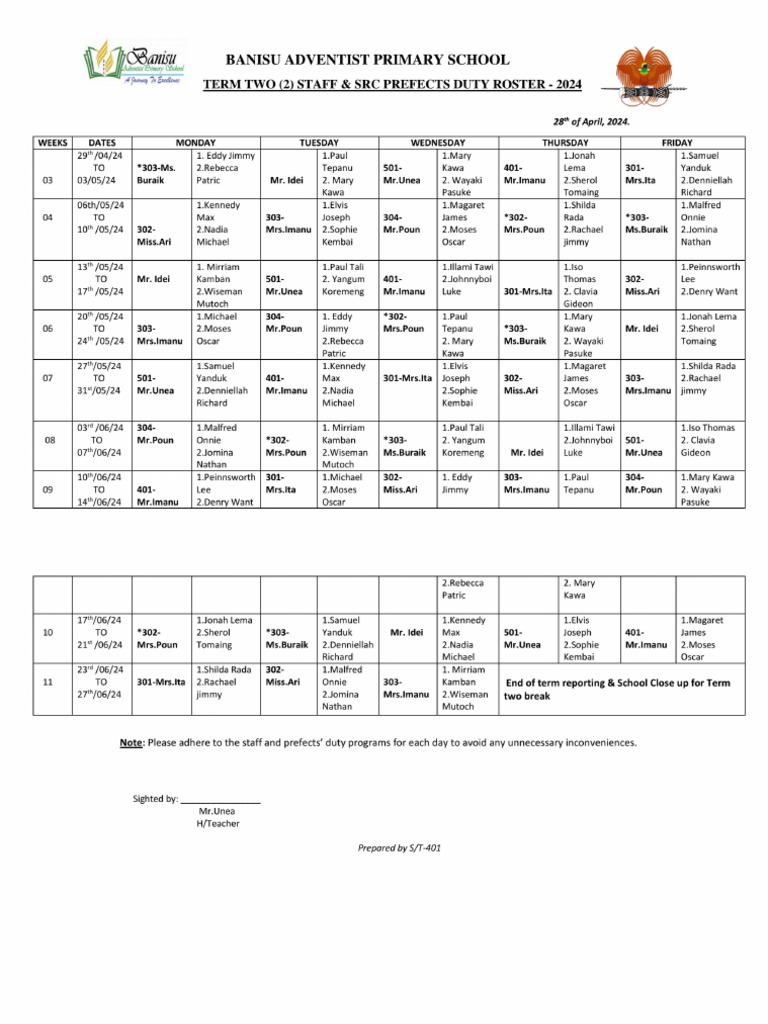 Staff Duty Roster Banisu - 2024 | PDF
