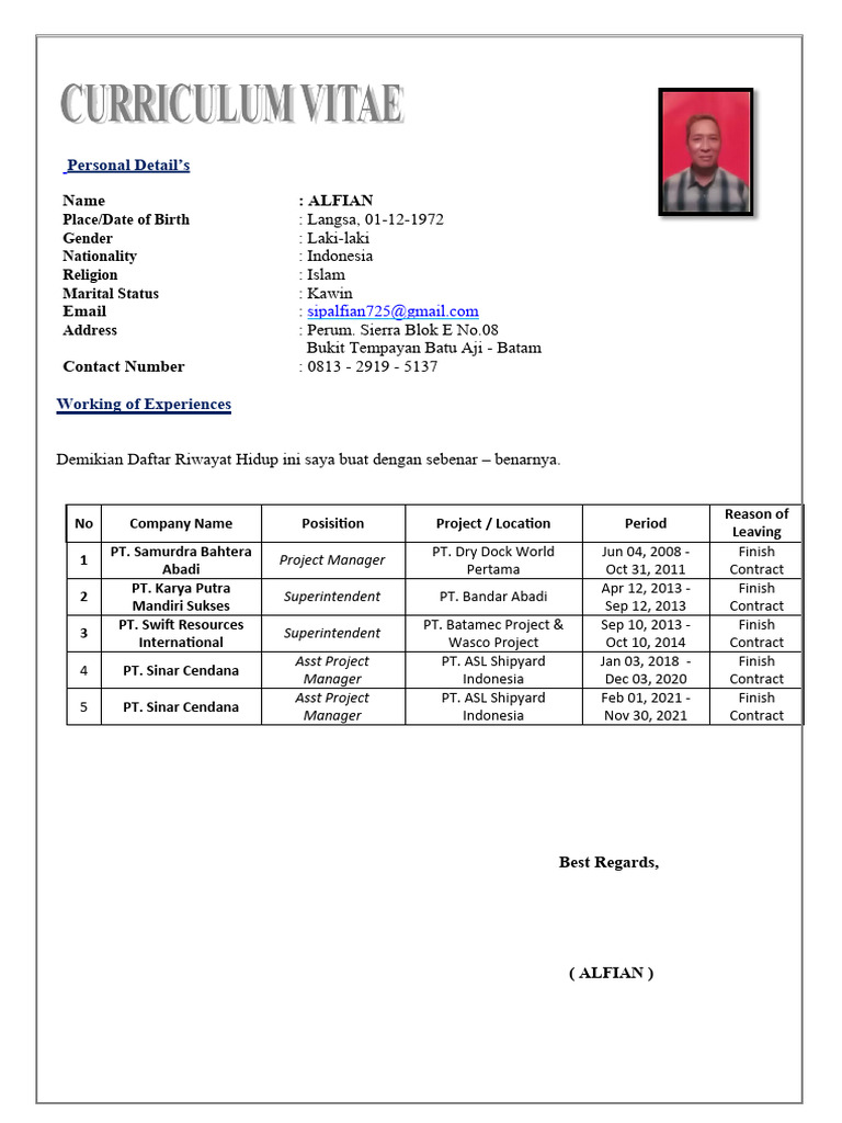Surat Lamaran Kerja Alfian | PDF