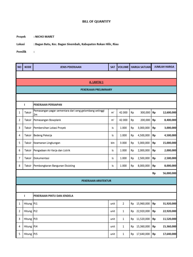BOQ Dan Volume Nicho Maret Rev 1 | PDF | Griya & Taman | Teknologi ...