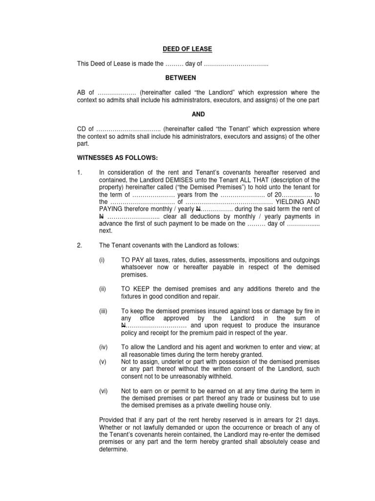 Deed of Lease | PDF | Landlord | Leasehold Estate